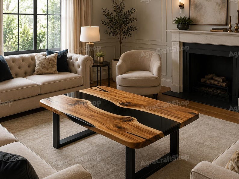 Black Epoxy Resin Coastal Dining Table Top With Iron Stand Handcrafted ...