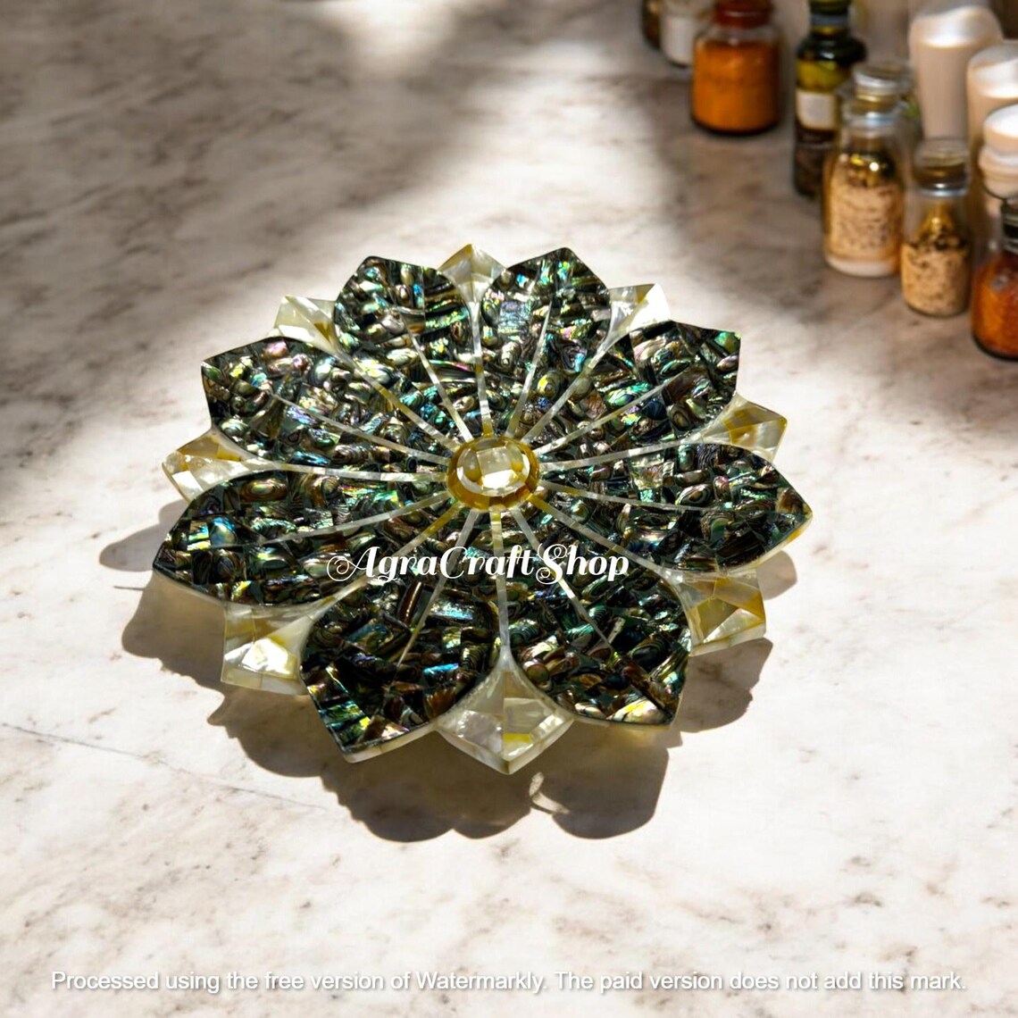 9" Marble Abalone Shell Fruits Inlay Bowl Kitchen & Dining Serving Tray ...