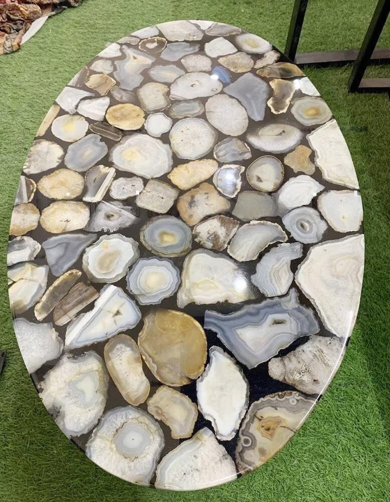 Agate Stone Table Top, Oval Dining Table, Handmade Coffee Table, Sofa ...