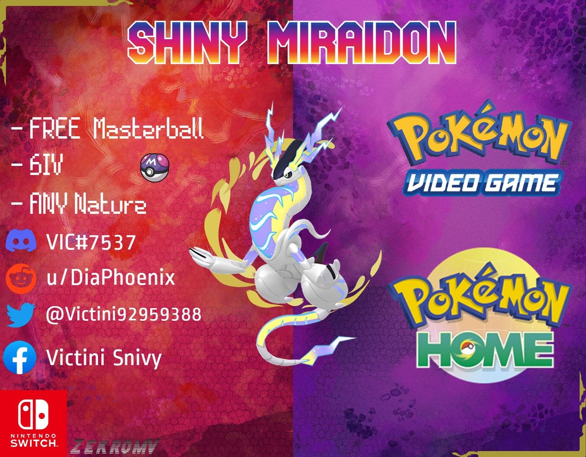 6IV Level 1 Pokemon Scarlet and Violet SHINY Miraidon FREE Masterball ...