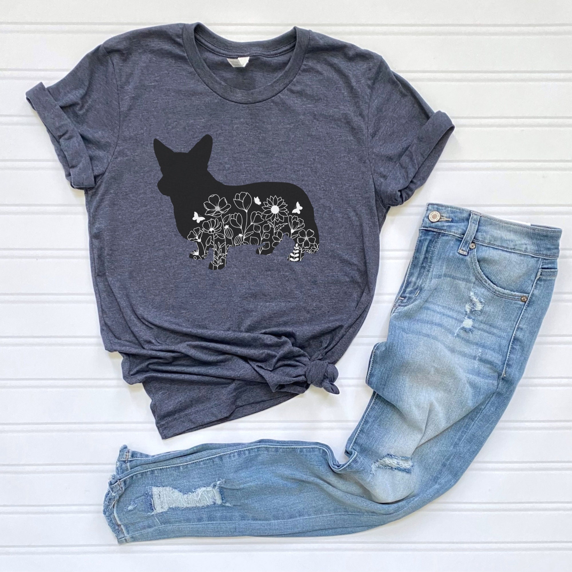 Corgi Floral Print Silhouette Shirt, Pembroke Welsh Corgi T-shirt ...