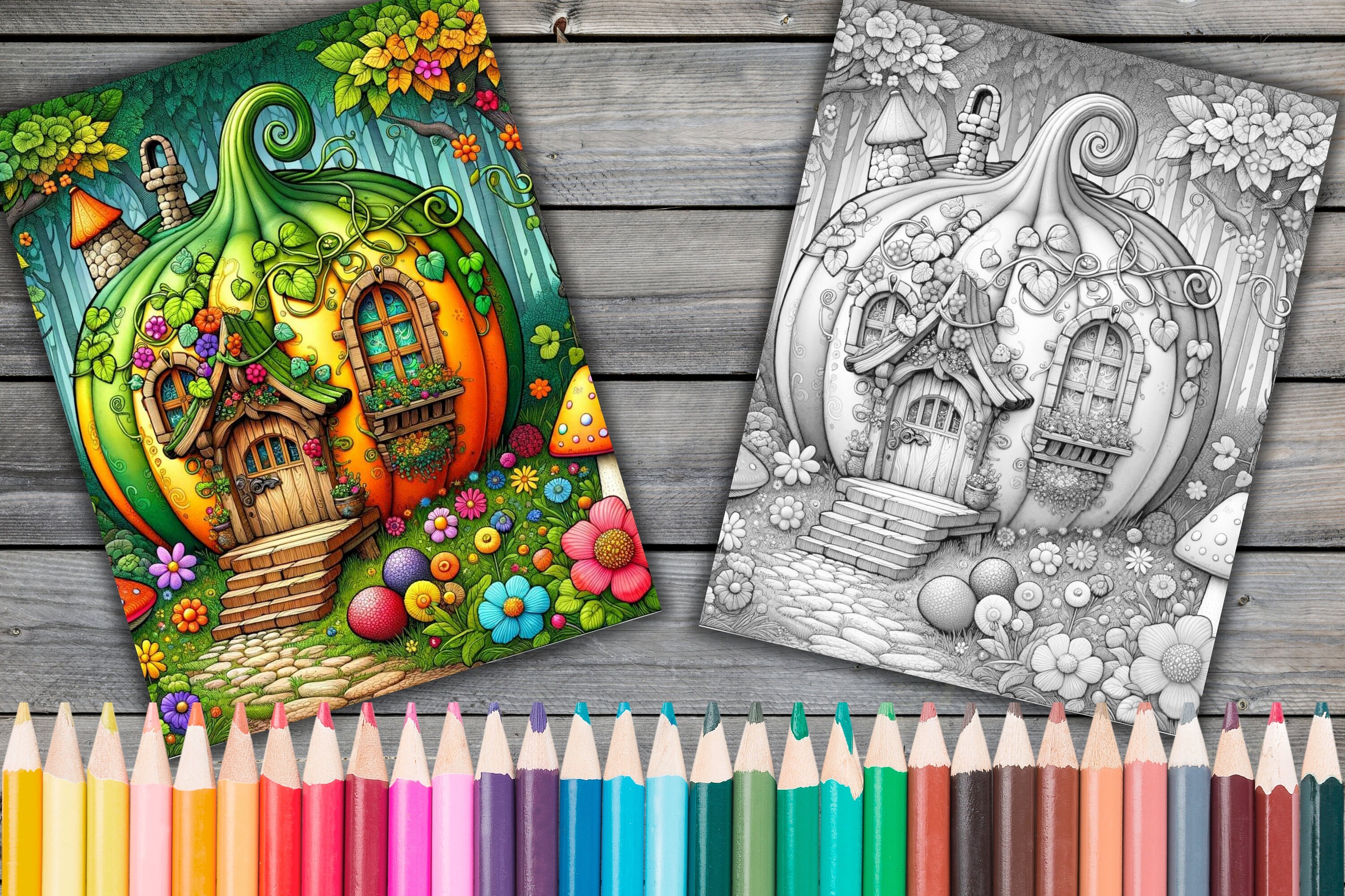 30 Elf Gourd Houses Coloring Pages for Adults and Kids, Fantasy Elves ...
