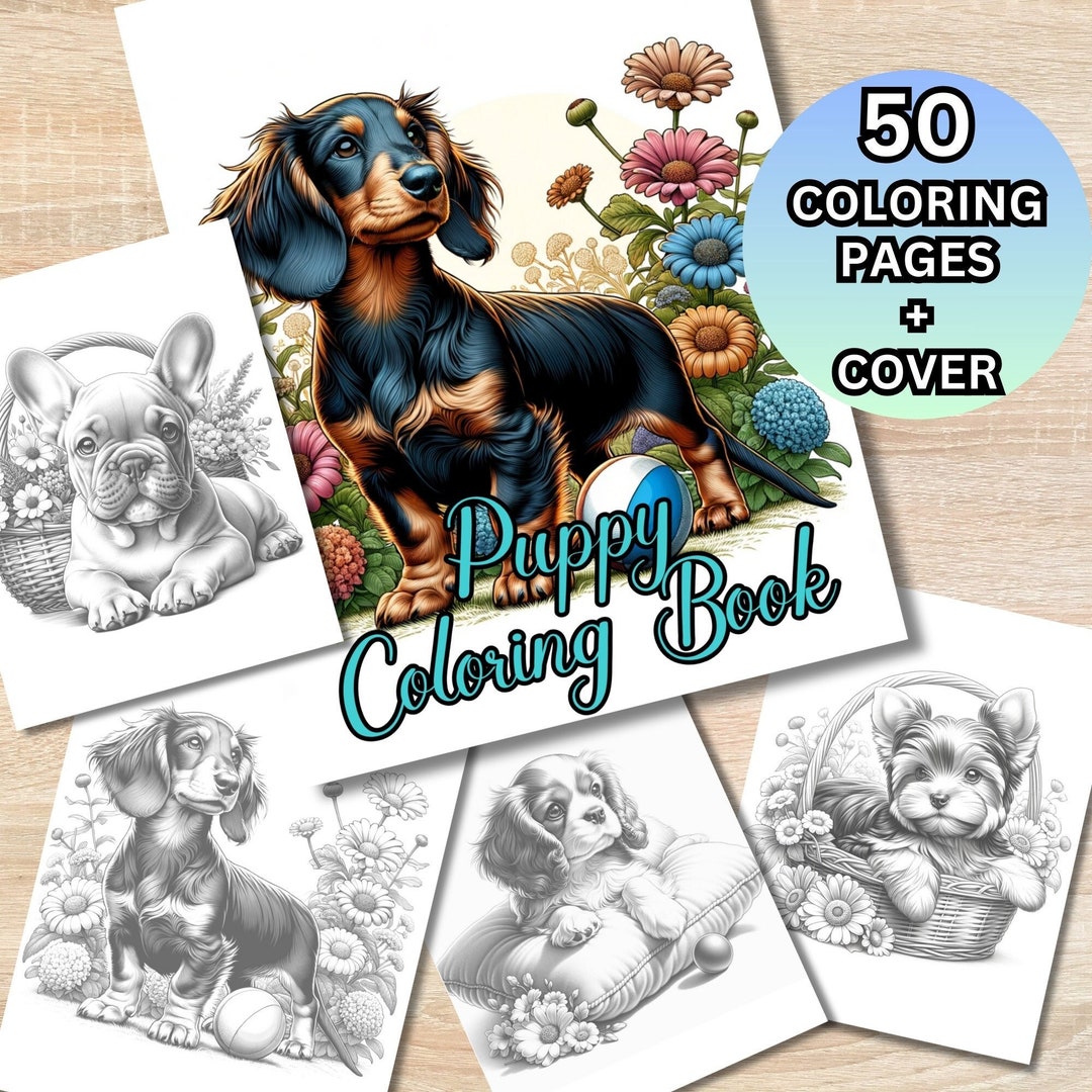 50 Adorable Puppy Coloring Pages for Adults and Kids Grayscale Coloring ...