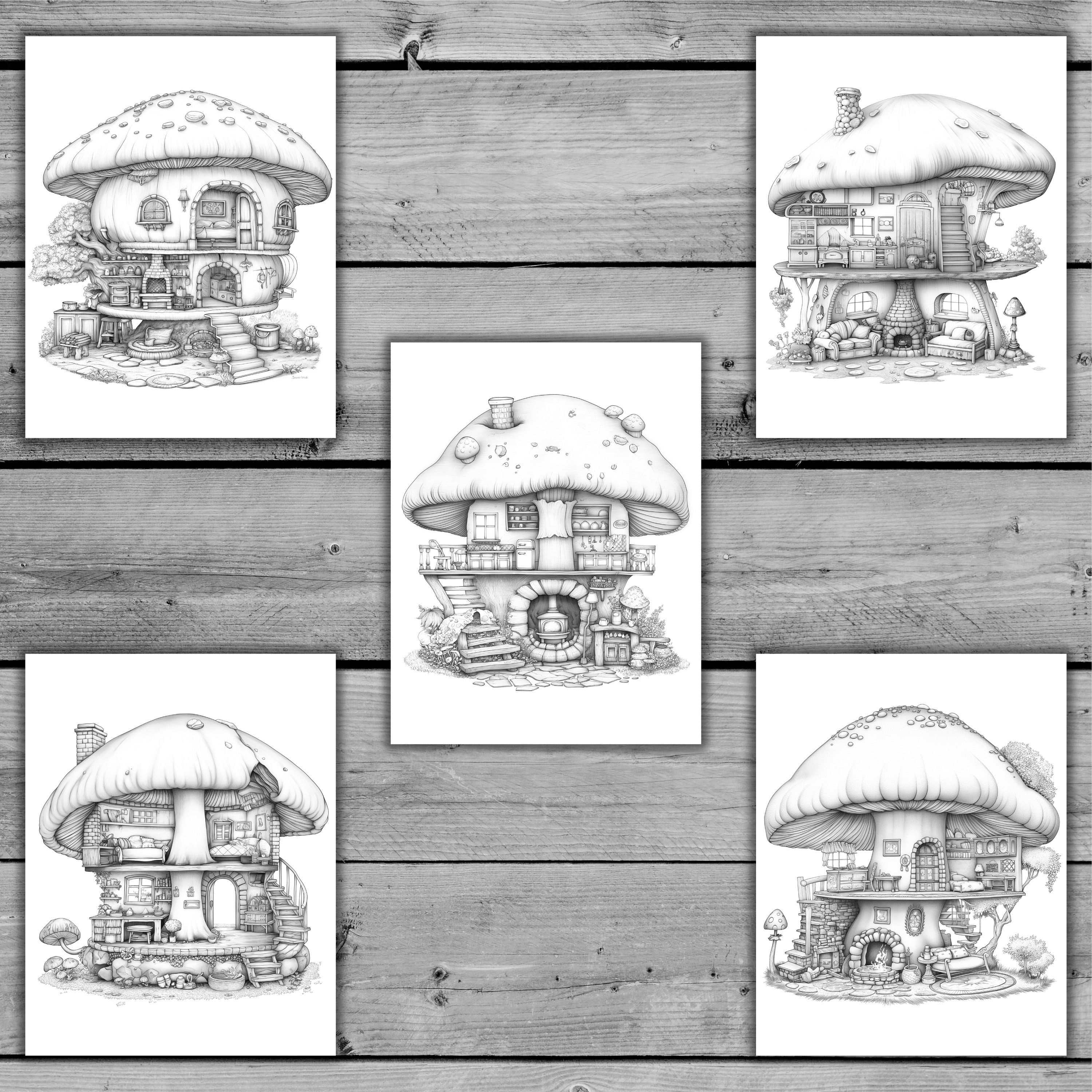 25 Mushroom Houses Coloring Pages for Adults and Kids, Mushroom Pocket ...