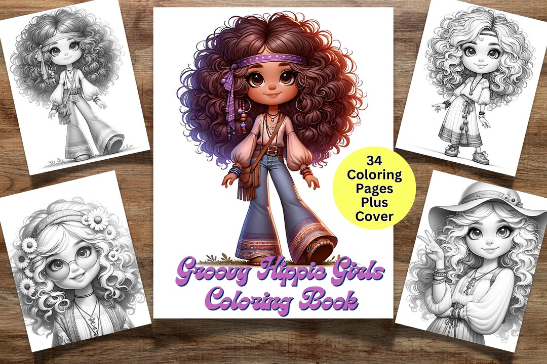 34 Groovy Hippie Girls Coloring Book for Adults and Kids, Hippie ...