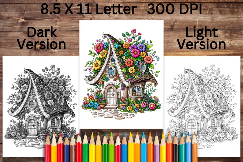 35 Floral Cottages Coloring Pages for Adults and Kids, Whimsical ...