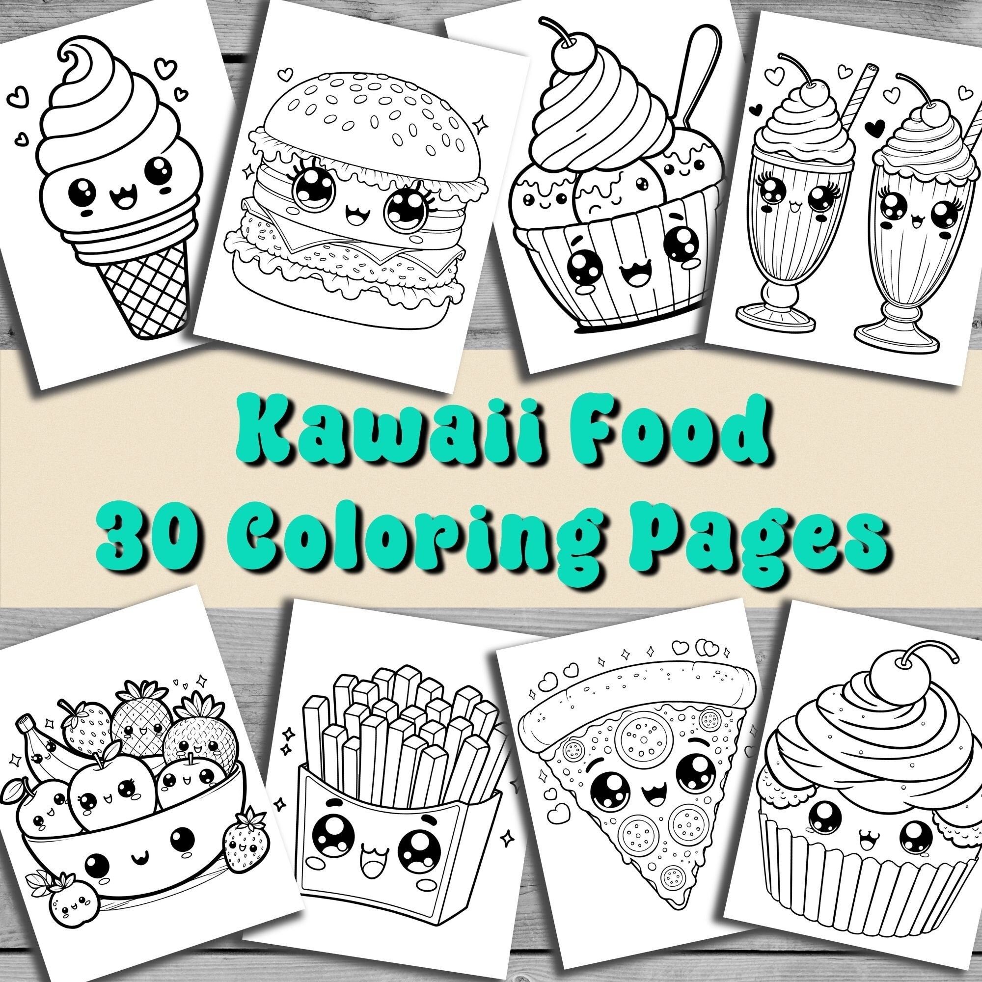 Kawaii Food Coloring Pages for Kids and Adults, 30 Pages, Cute Cartoon ...