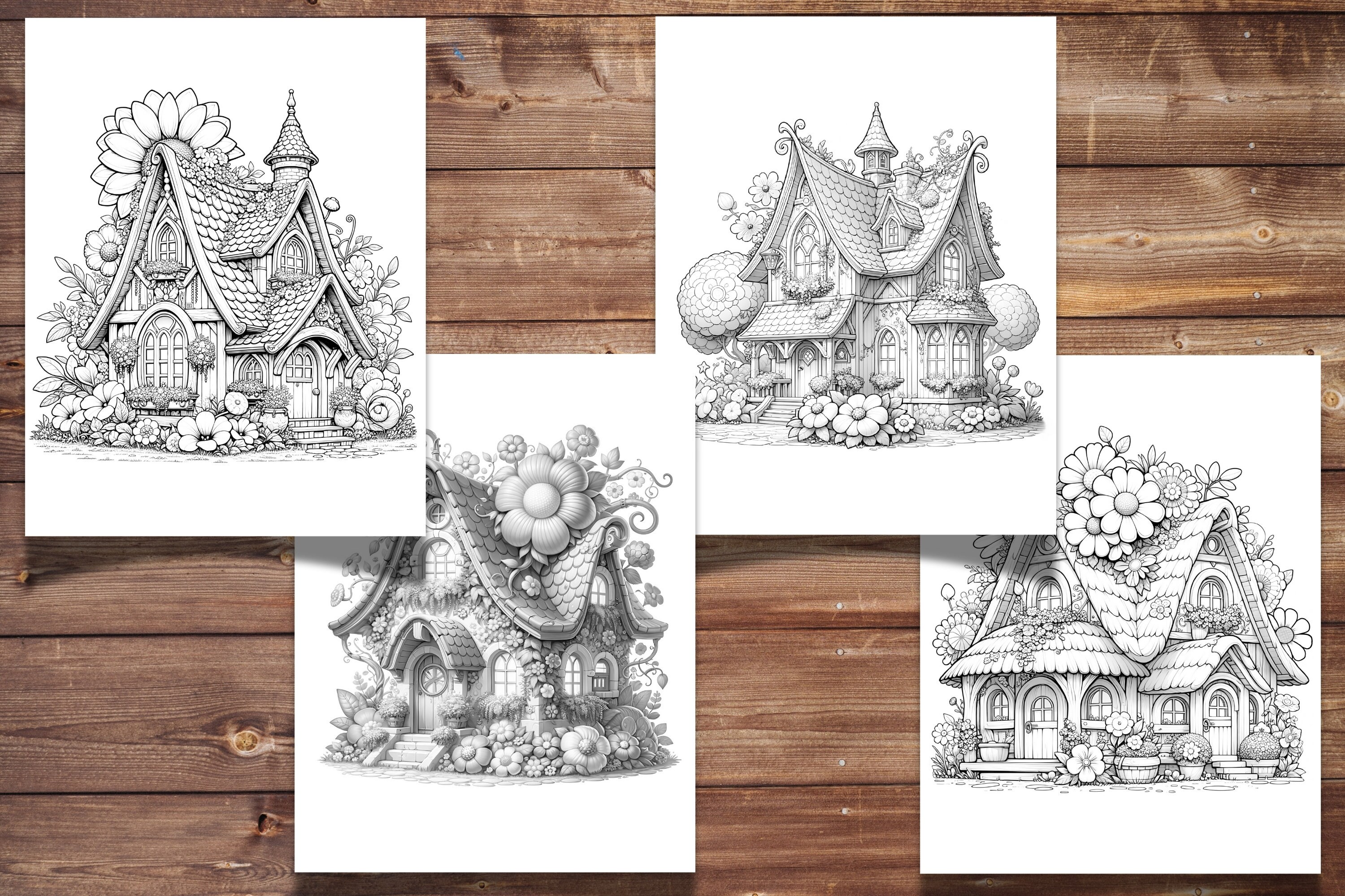 35 Floral Cottages Coloring Pages for Adults and Kids, Whimsical ...