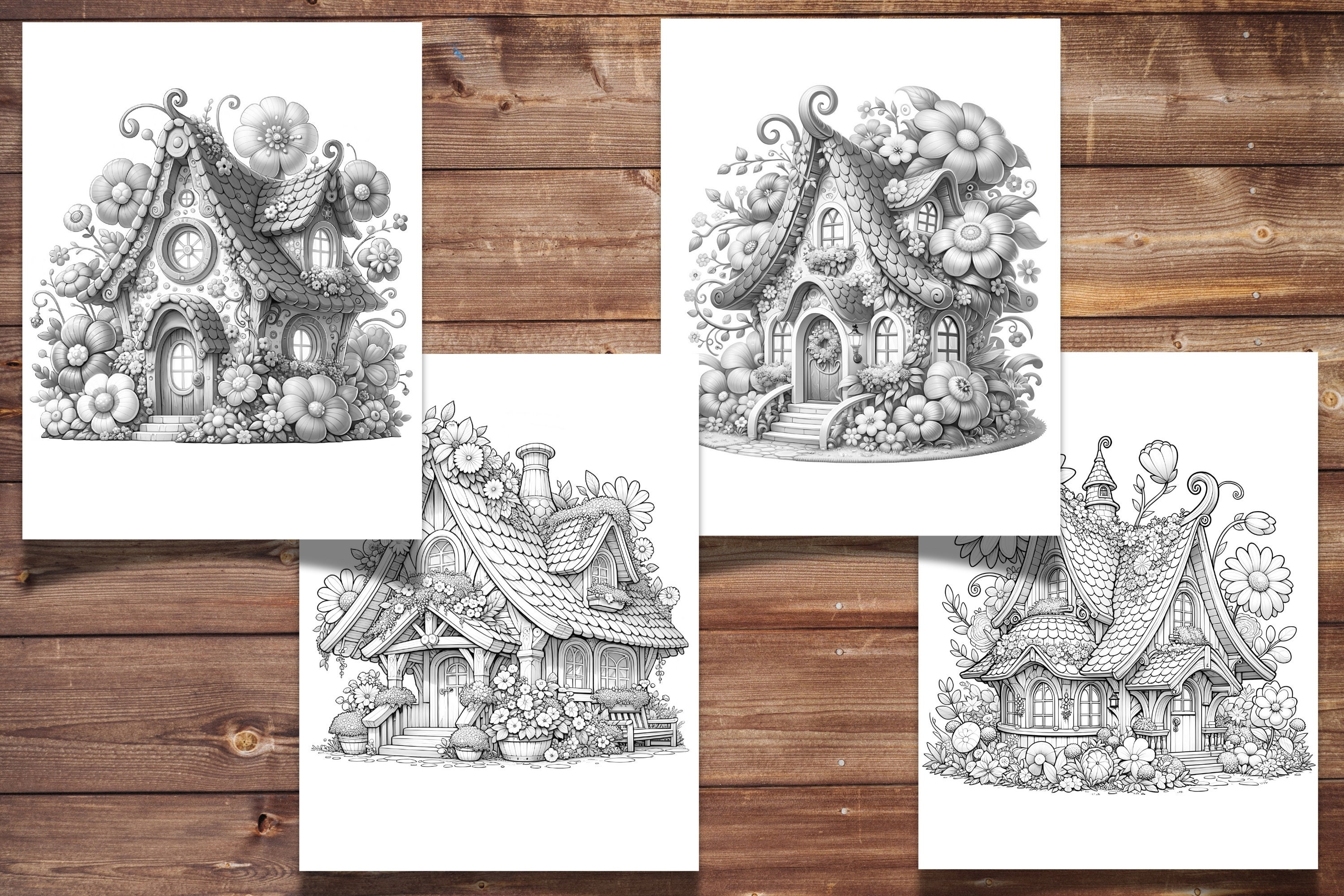 35 Floral Cottages Coloring Pages for Adults and Kids, Whimsical ...