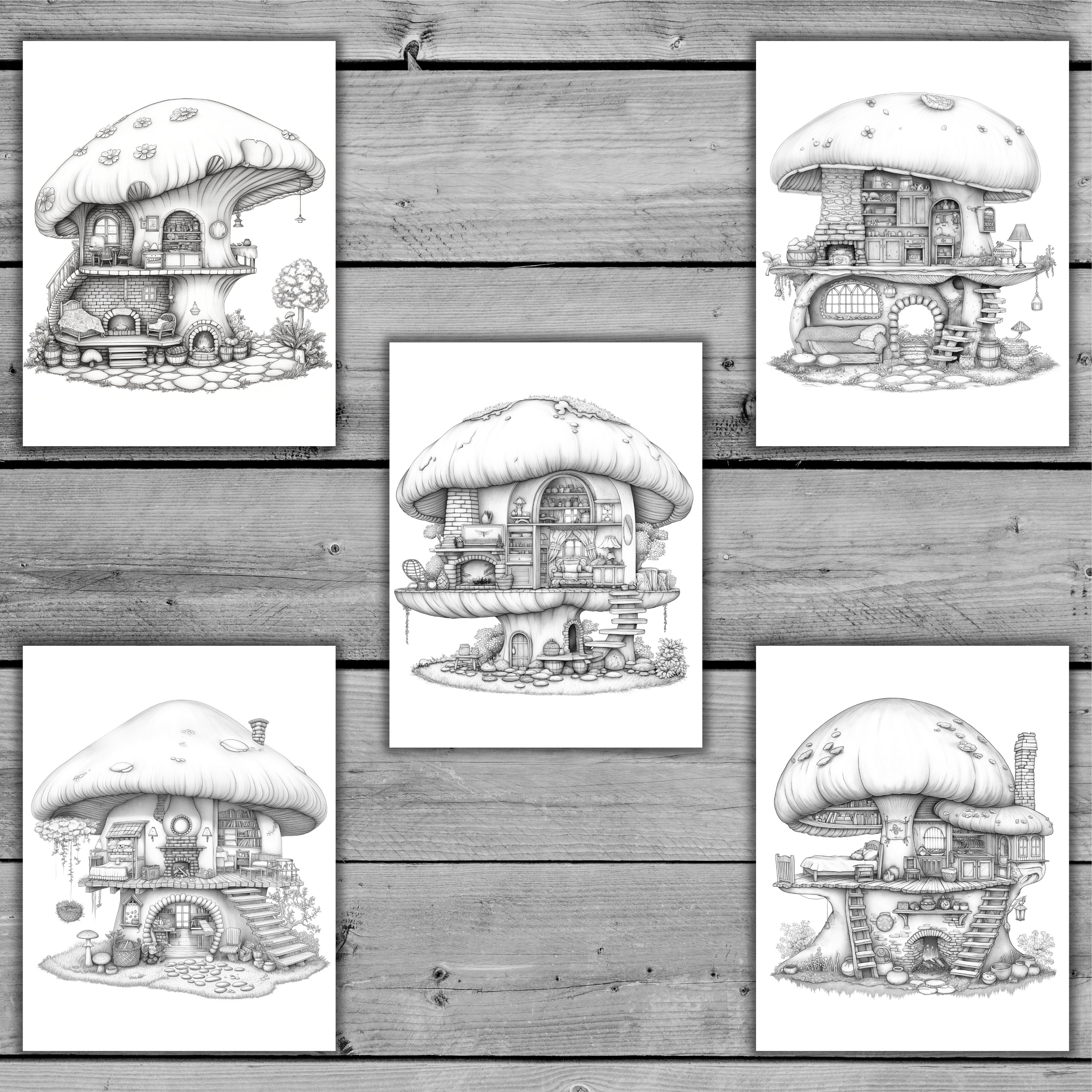 25 Mushroom Houses Coloring Pages for Adults and Kids, Mushroom Pocket ...