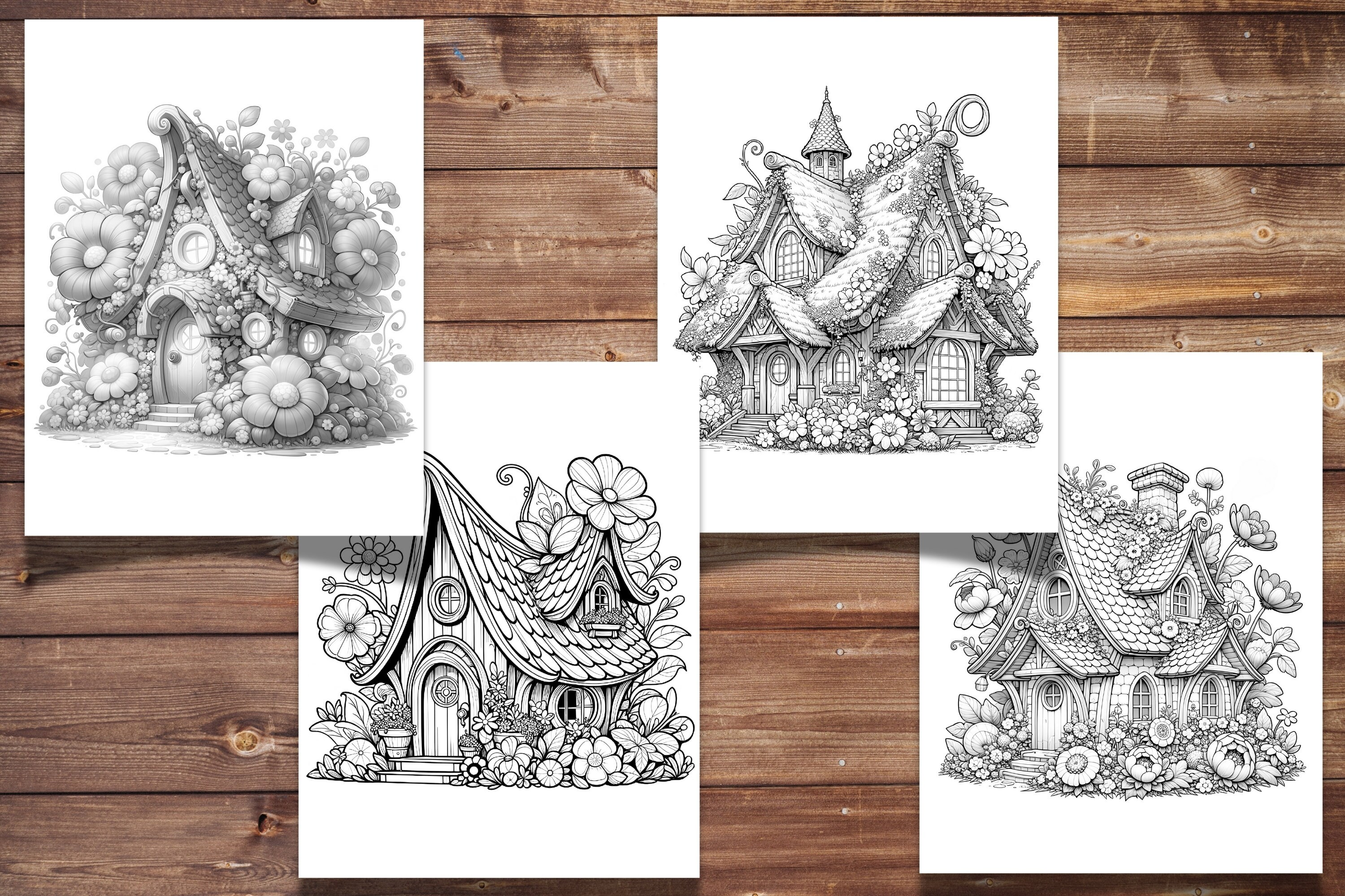 35 Floral Cottages Coloring Pages for Adults and Kids, Whimsical ...