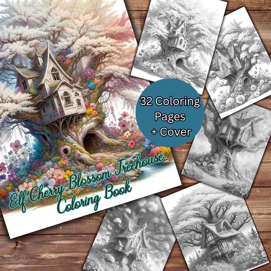 32 Elf Houses, Cherry Blossom Treehouse Coloring Pages for Adults and ...