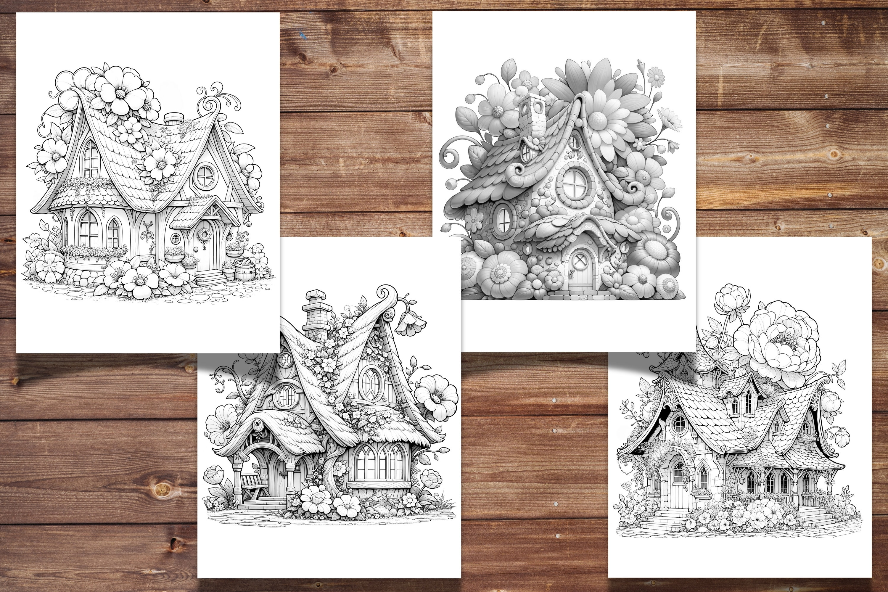 35 Floral Cottages Coloring Pages for Adults and Kids, Whimsical ...