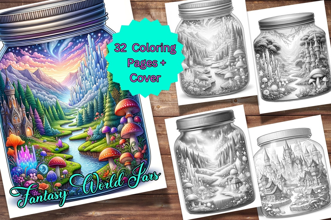 32 Fantasy World Jars Coloring Book for Adults and Kids, Magical ...