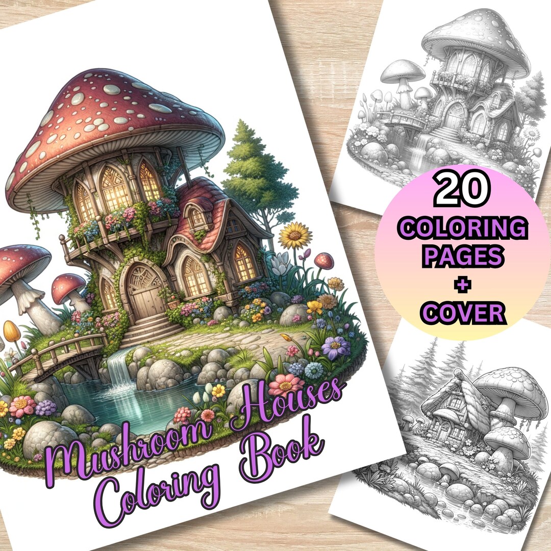 20 Mushroom Houses Coloring Pages for Adults and Kids, Grayscale ...