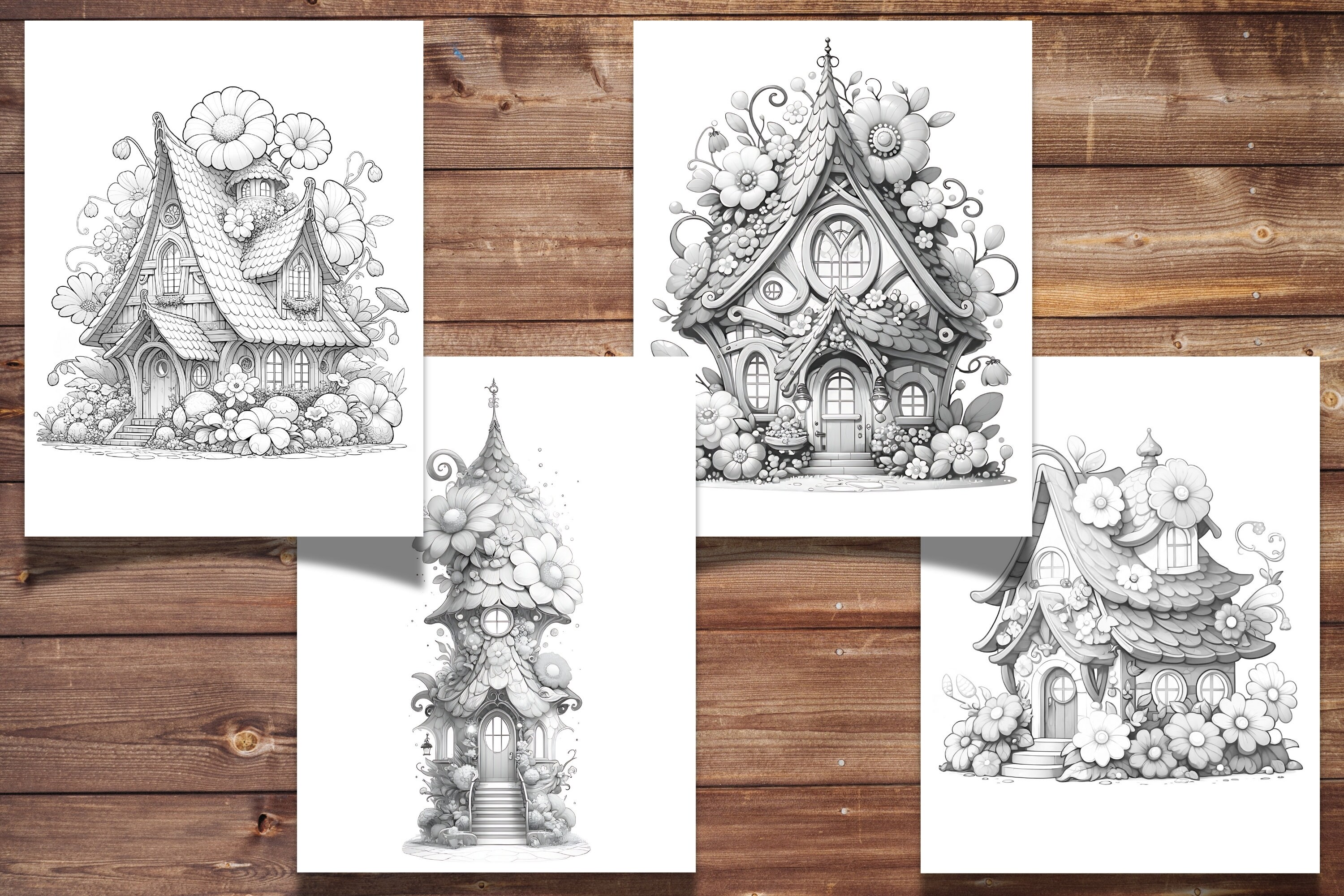 35 Floral Cottages Coloring Pages for Adults and Kids, Whimsical ...