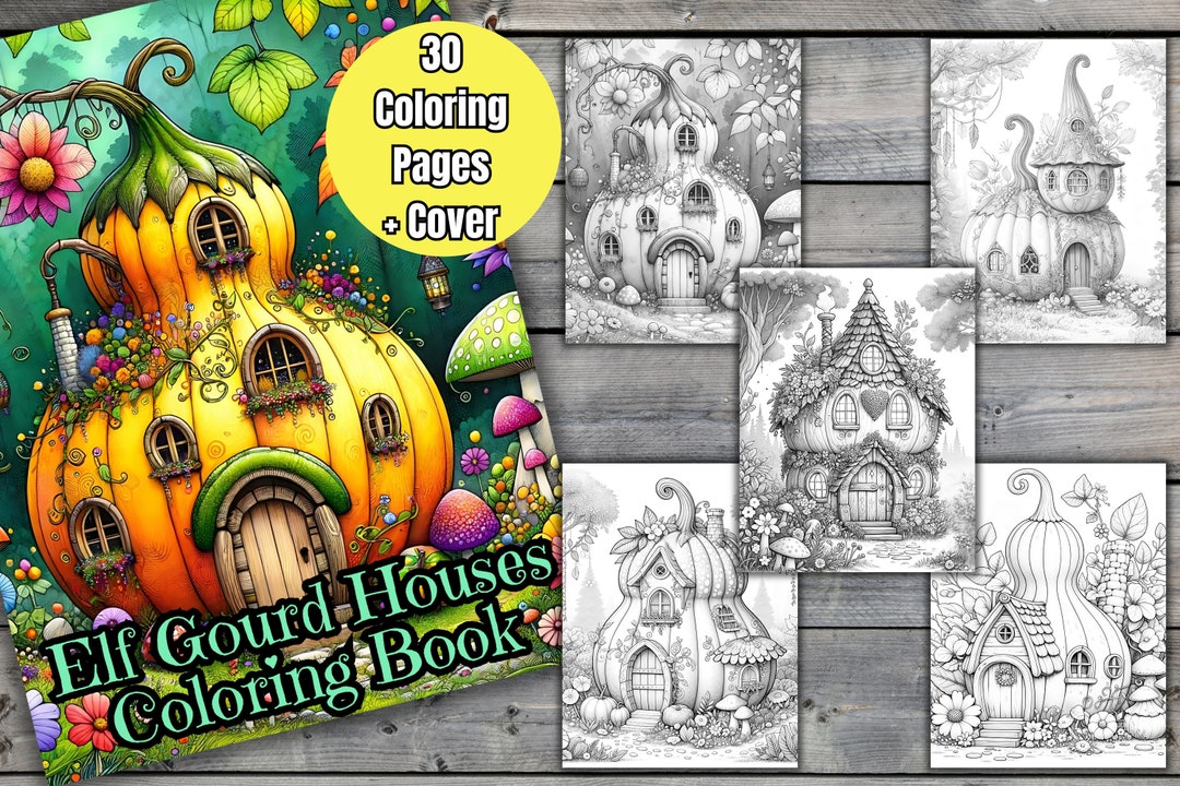 30 Elf Gourd Houses Coloring Pages for Adults and Kids, Fantasy Elves ...