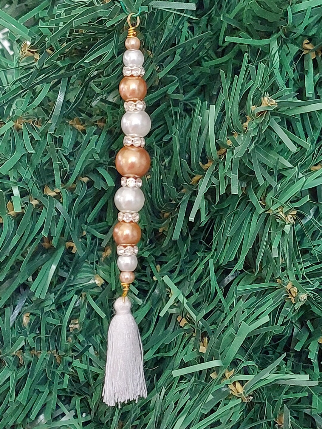 Handmade Beaded Christmas Tree Icicle Ornament: Bronze, Gold, and Pearl ...