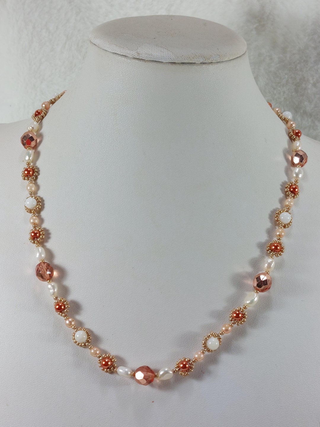 Burnt Orange & Gold Daisy Chain Necklace With Pearls and Crystals ...