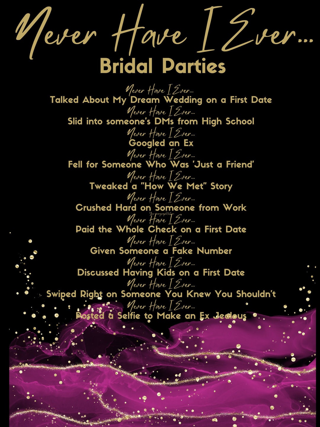 Never Have I Ever Bridal Party Game Gold - Etsy