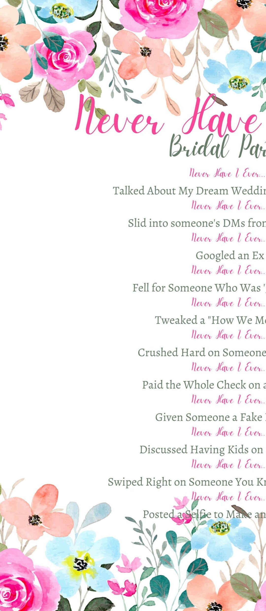 Never Have I Ever Bridal Party Game (floral) PG Rated - Etsy