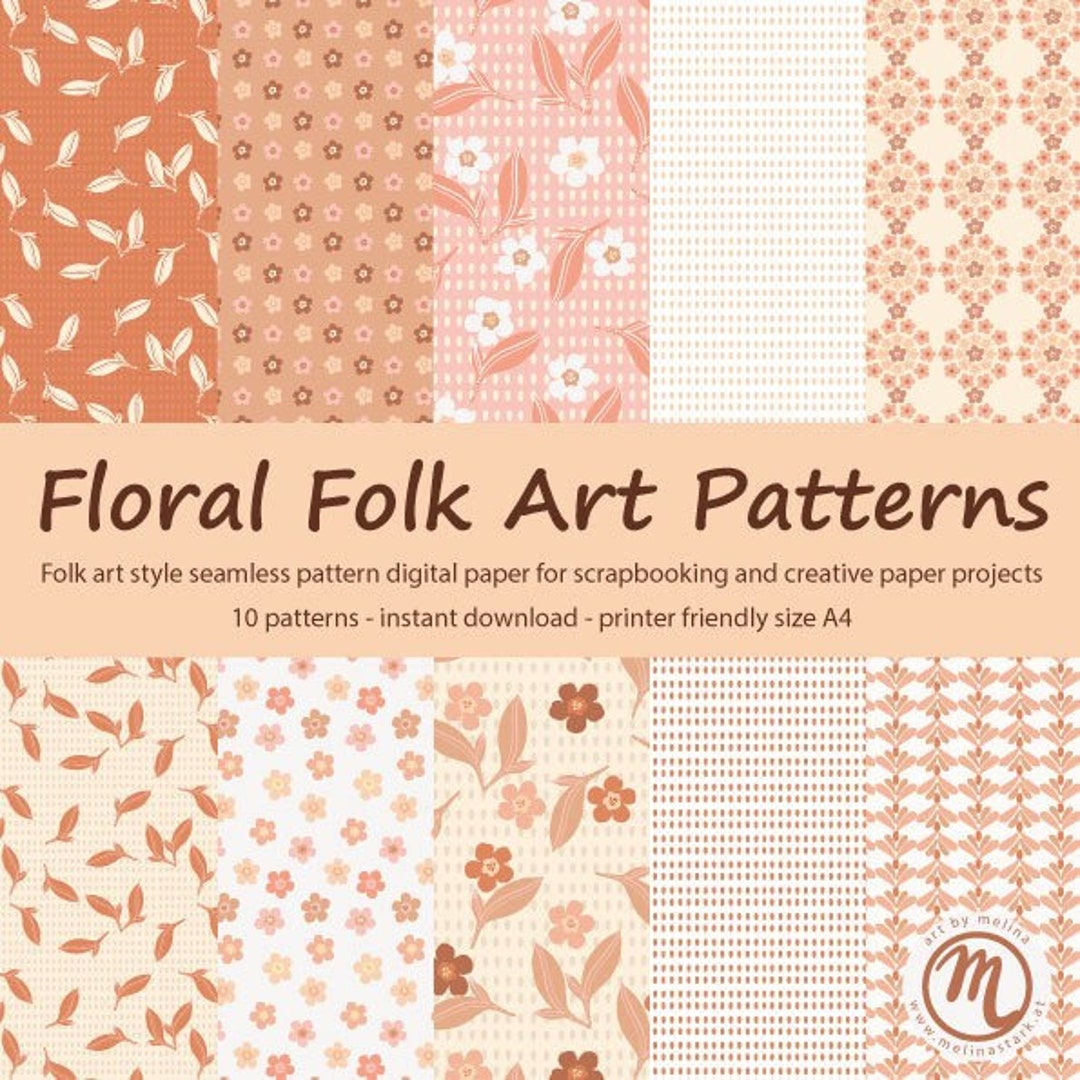 Floral Folk Art Digital Paper Set, Scrapbook Paper, Paper Craft Supply ...