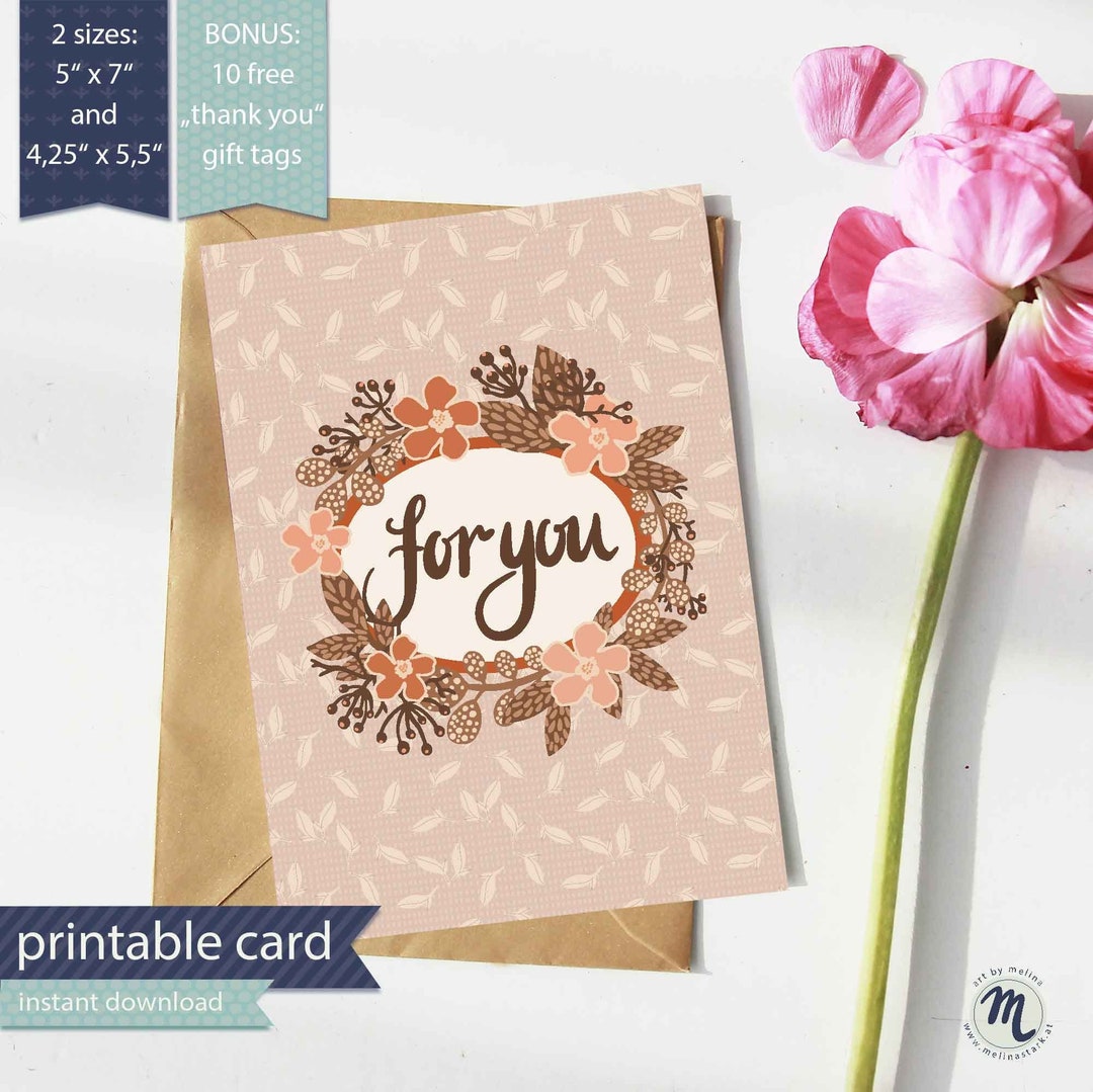 FOR YOU Printable Greeting Card, Instant Download, Leaf Pattern ...