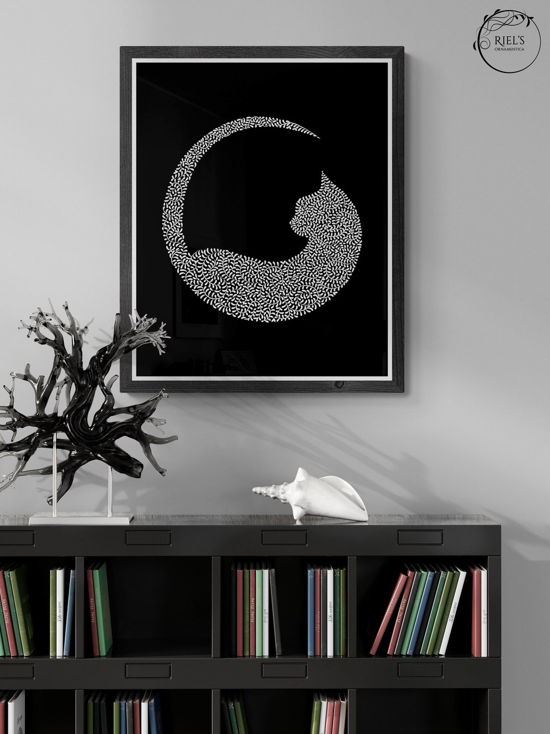 Moon-shaped Cat Wall Art, Digital Download, Black White Decorative ...