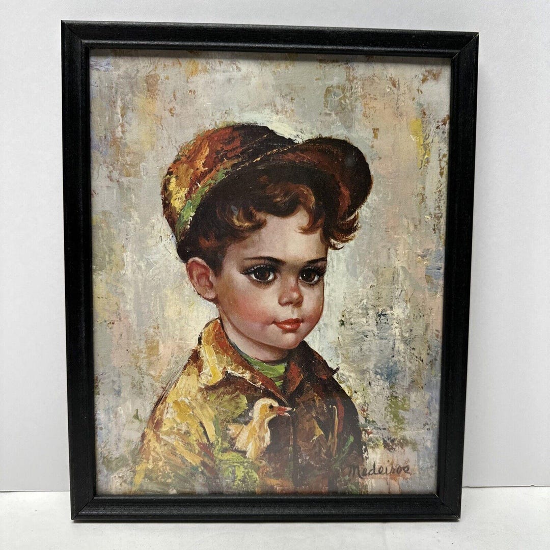 1960s Medeiros HUCK FINN Print Big Eye Boy W/ Duck Framed 11” X 8.75” W ...