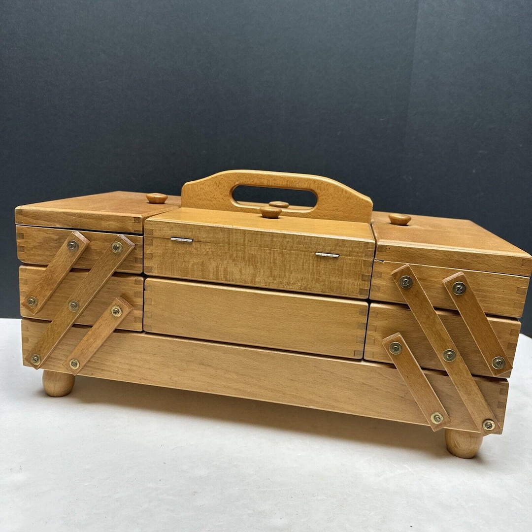 Vintage Sewing Box Accordion Wooden Fold Out Dovetail Joints Made in Romania ‘89 - Etsy