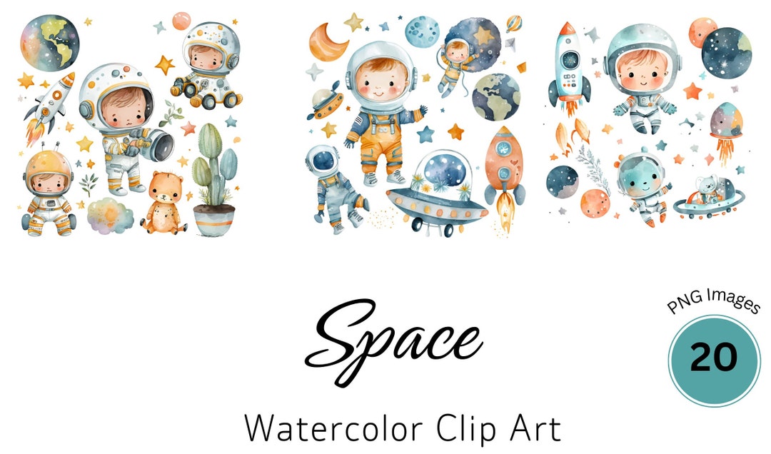 Space Watercolor Clipart, Cute Astronaut , Planets Clip Art, Rockets ...