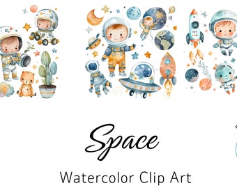 Space Watercolor Clipart, Cute Astronaut , Planets Clip Art, Rockets ...