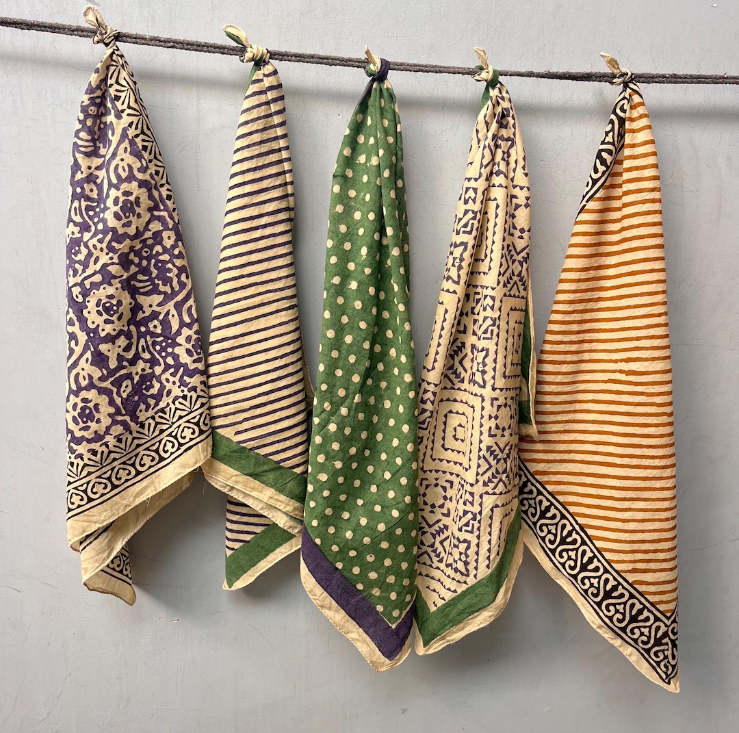 Set of 5 Hand Printed Bandana,neckkerchief,handkerchief,necktie Made ...