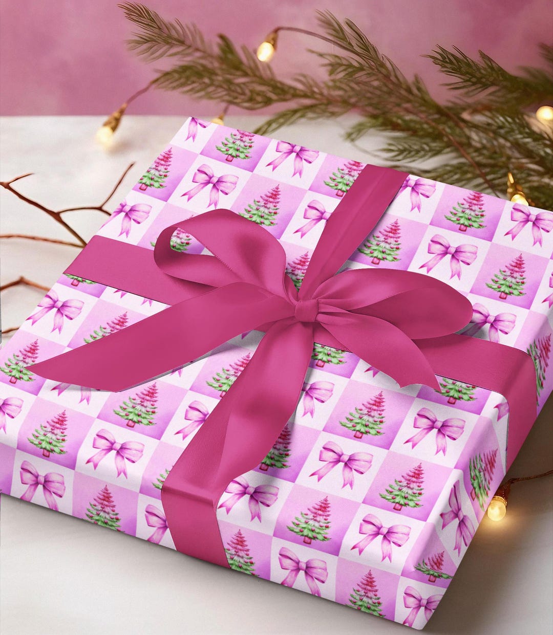 Festive Pink Christmas Wrapping Paper With Trees and Coquette Ribbon ...