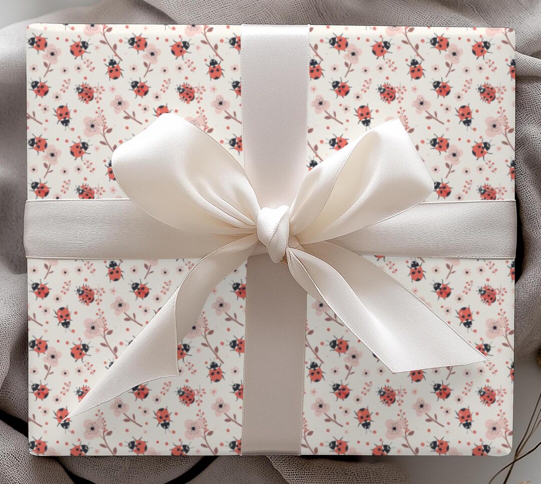 Vintage Floral Ladybug Gift Wrap Cottagecore Wrapping Paper Soft Pink ...