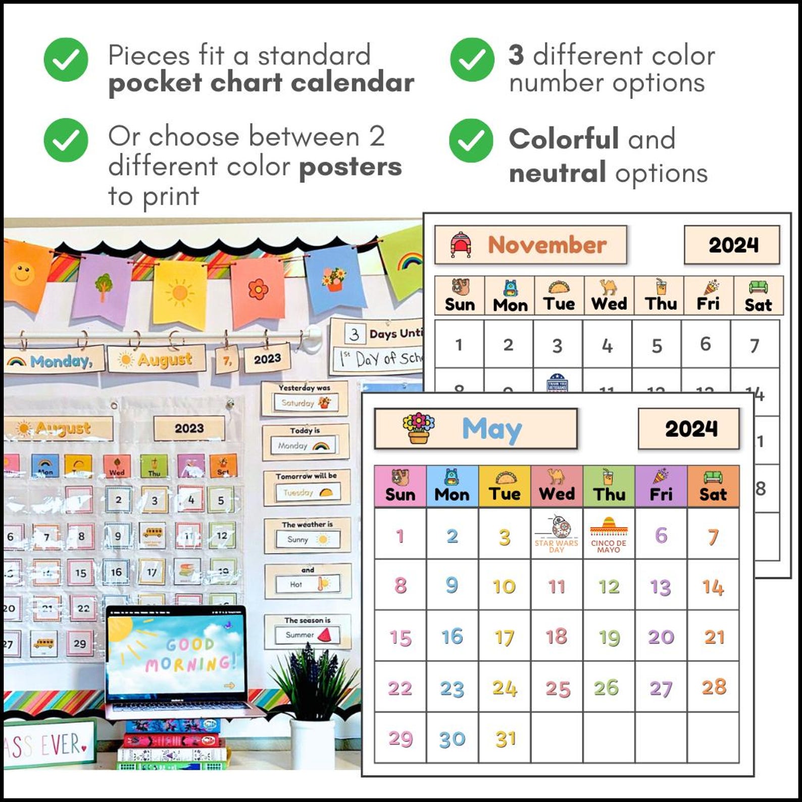 Classroom Calendar for Pocket Charts | Rainbow Colors - Etsy