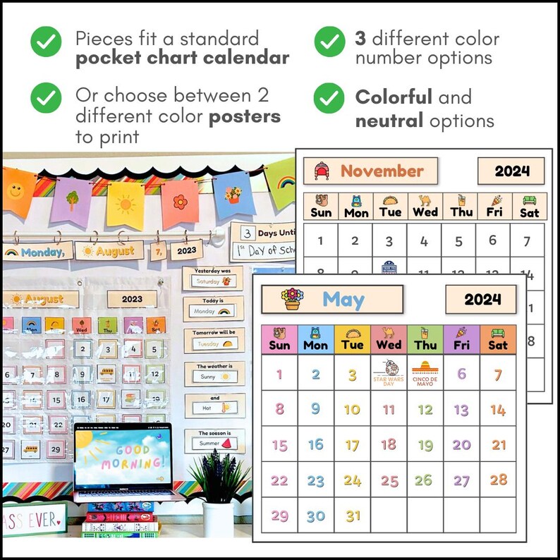 Classroom Calendar for Pocket Charts | Rainbow Colors - Etsy