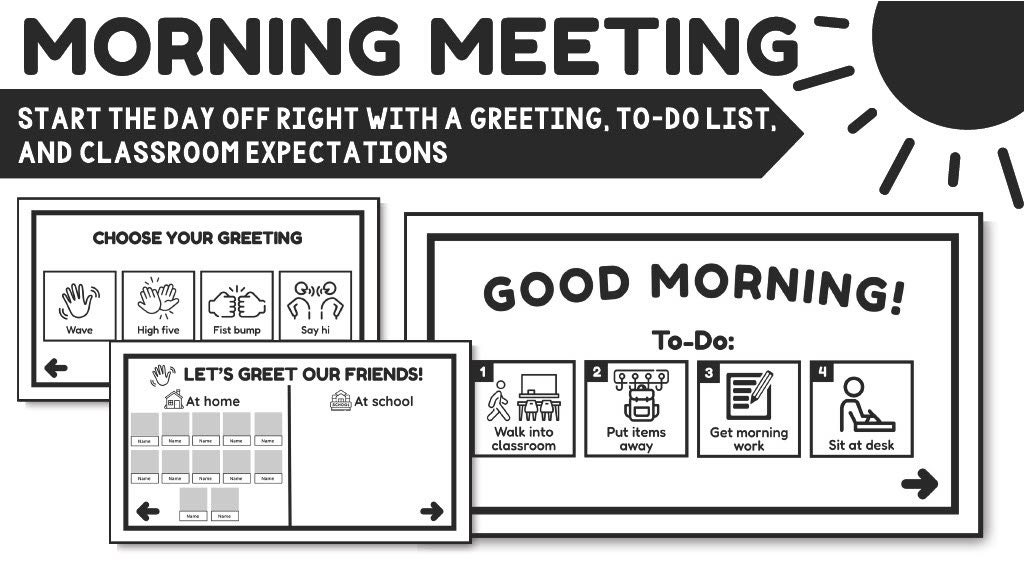 Morning Meeting Editable Google Slides | Black & White | for Special ...
