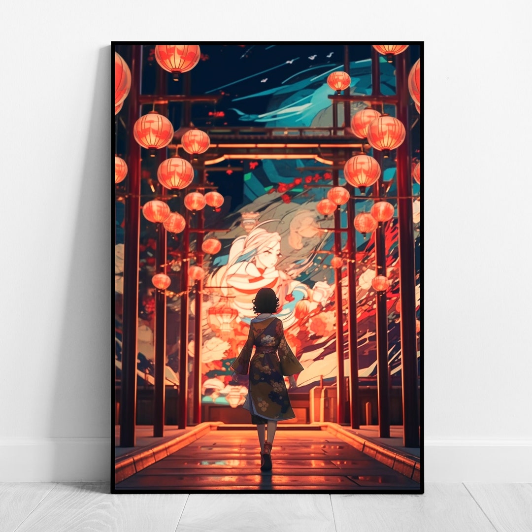 Japan Poster Anime Illustration Poster Lantern Festival Wall Art ...