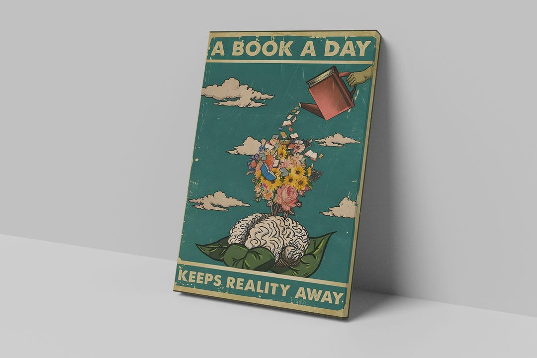 A Book A Day Keeps Reality Away Poster, Vintage Water Brain Wall Decor ...