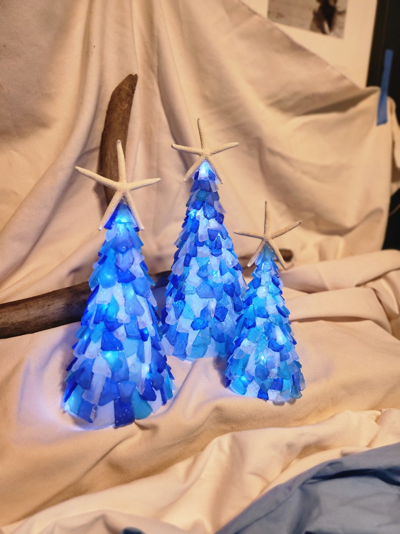 Sea Glass Tree With Lights - Light Blue, Dark Blue and White 9" - Etsy
