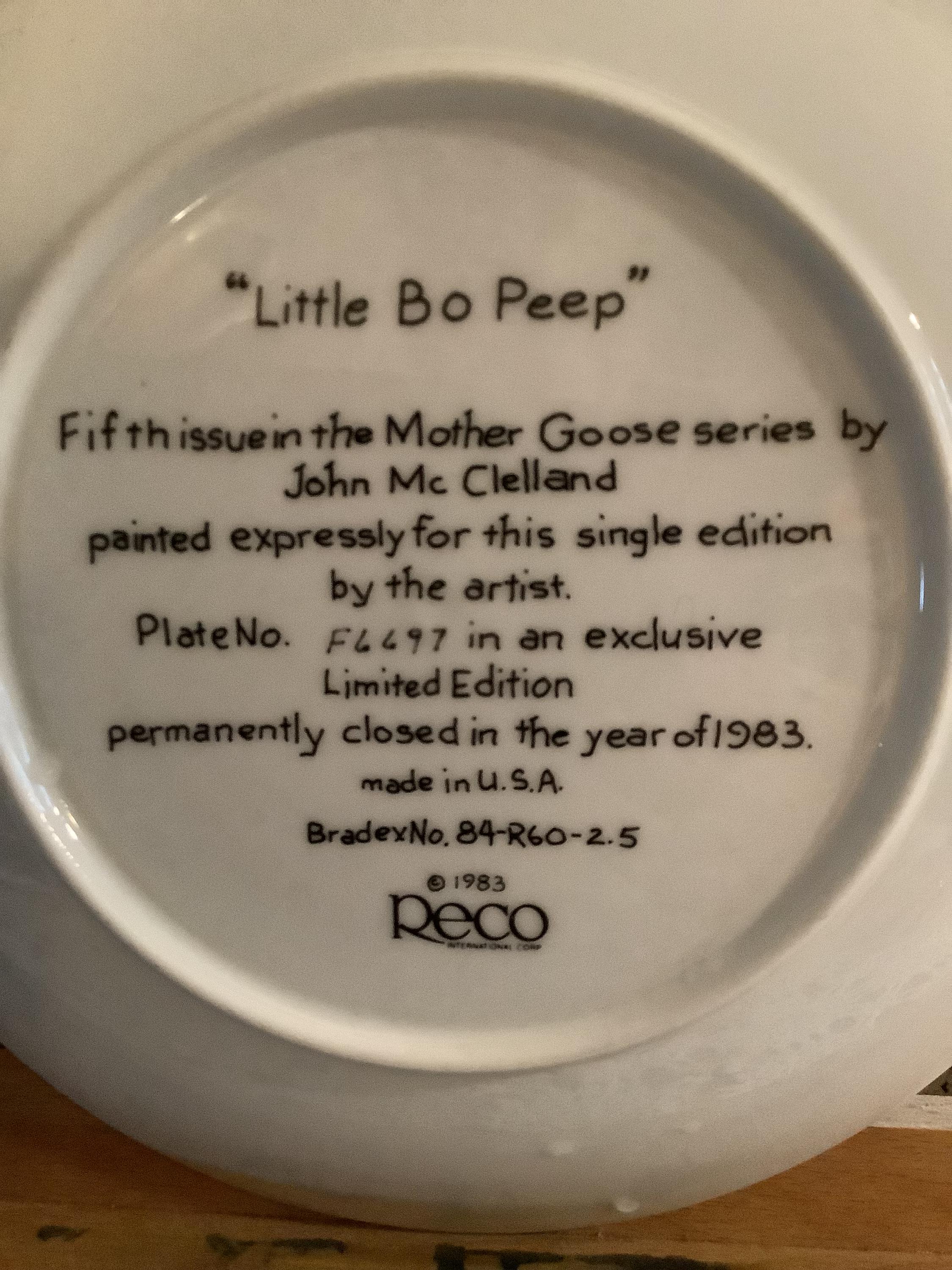 Vintage Mother Goose Reco Little Bo Peep 1983 Collectors Plate ...