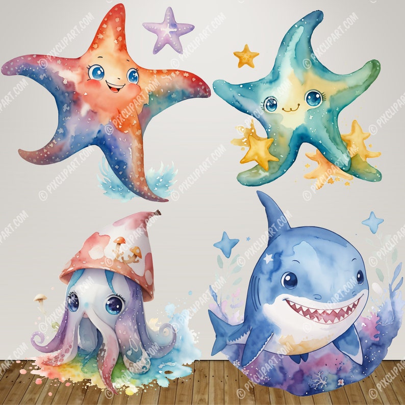 32 Watercolor Sea Creatures Clipart - Kids Decor Bundle, Marine Nursery ...