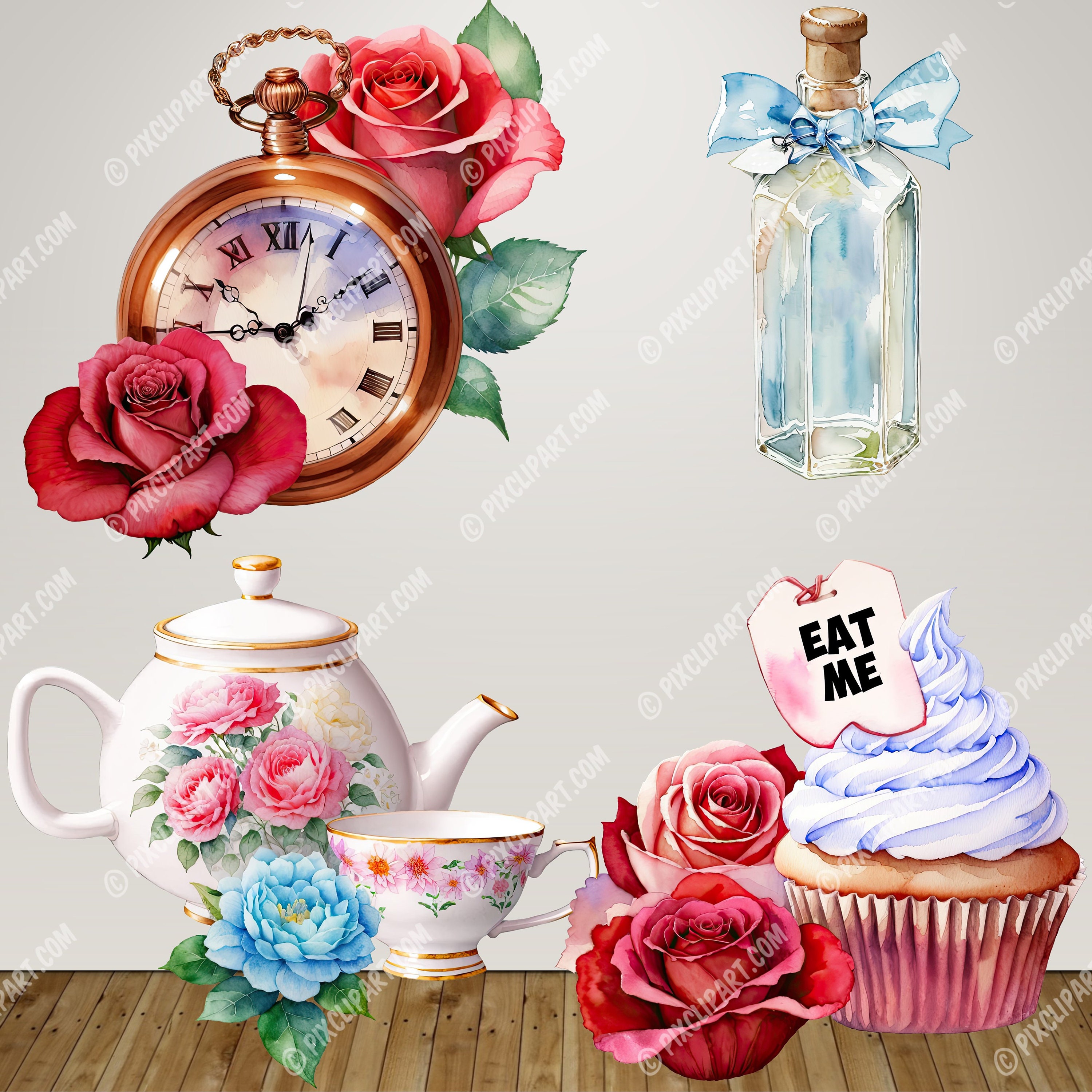 Watercolor Alice in Wonderland Elements 43 Mad Hatter Tea Party Clipart ...