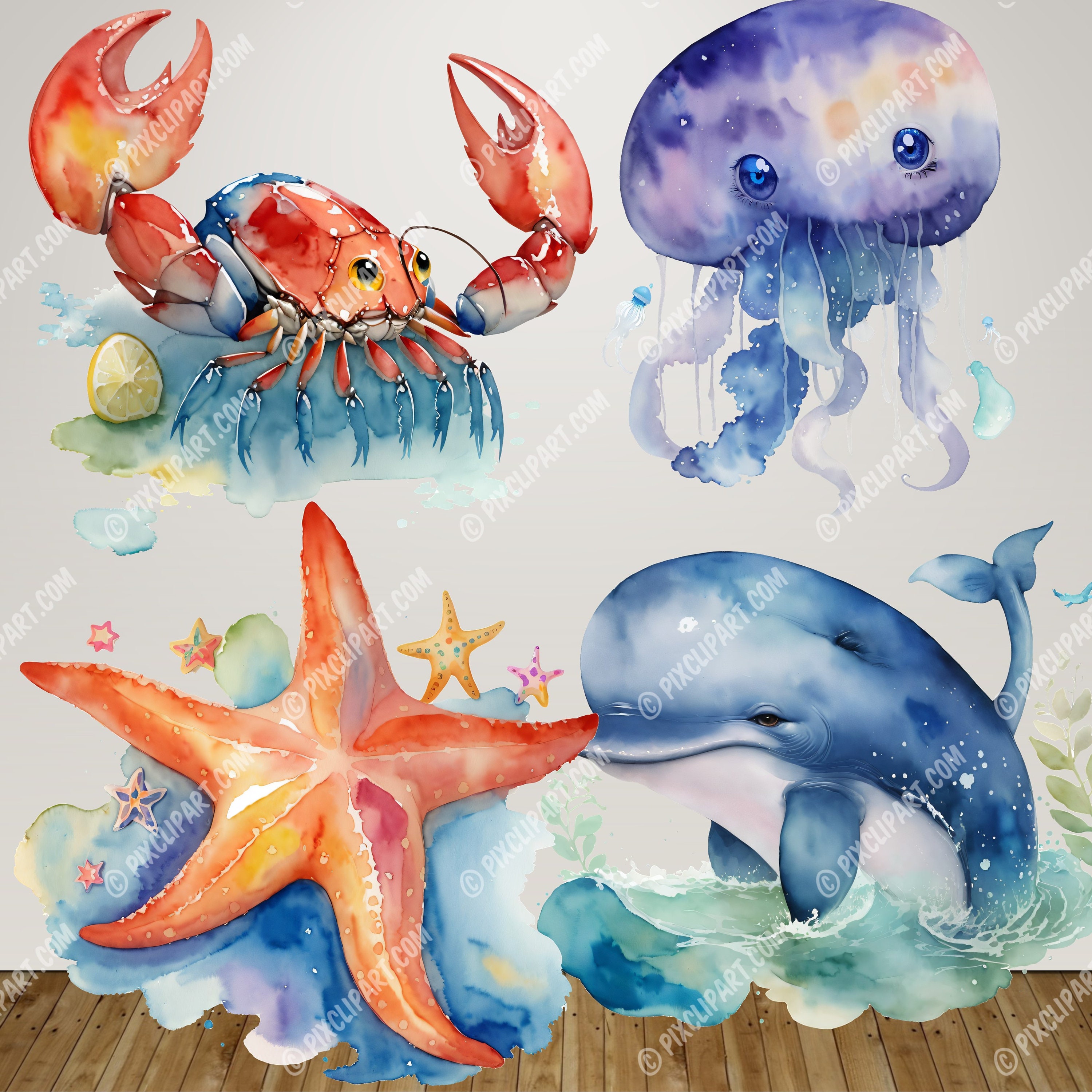 32 Watercolor Sea Creatures Clipart - Kids Decor Bundle, Marine Nursery ...