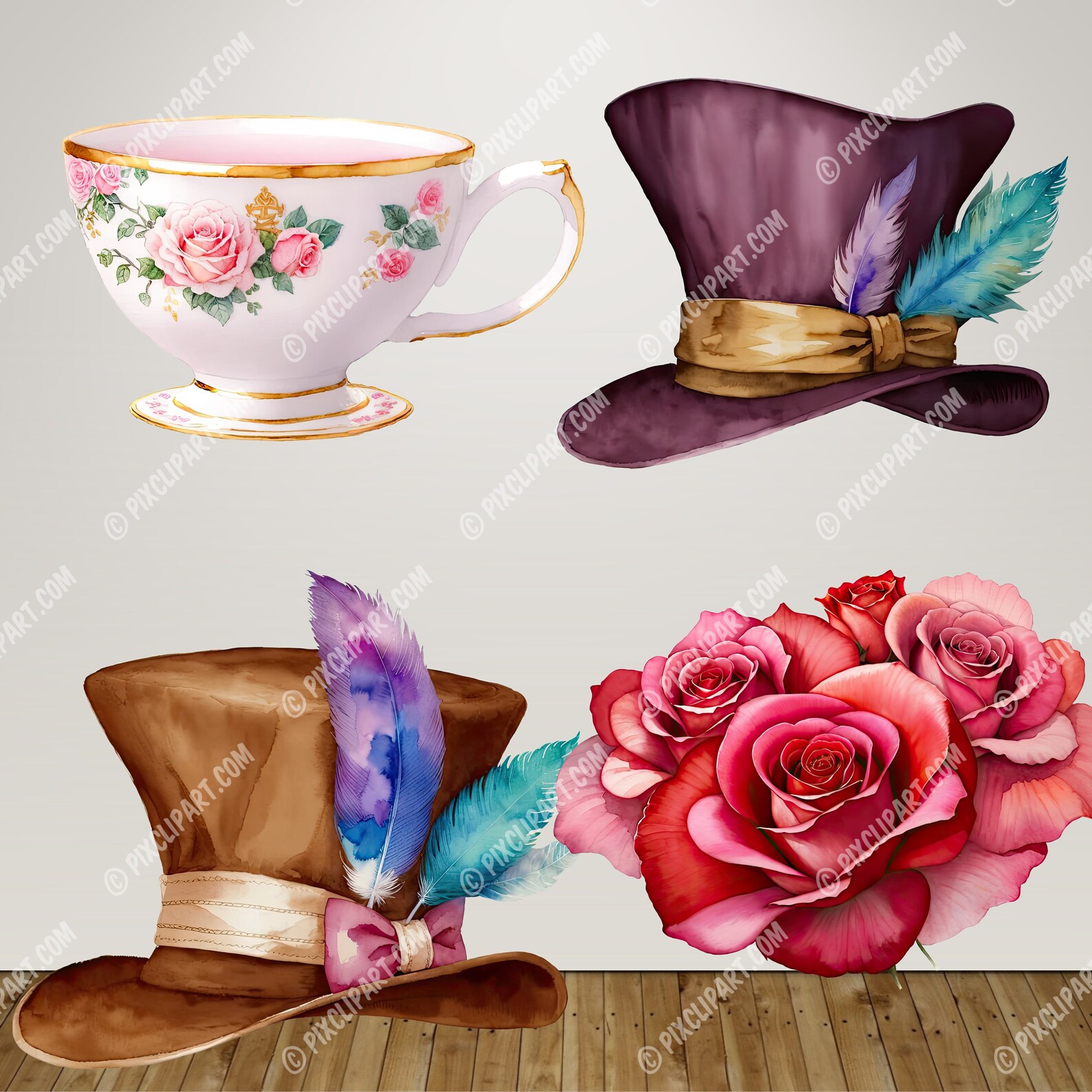 Watercolor Alice in Wonderland Elements 43 Mad Hatter Tea Party Clipart ...