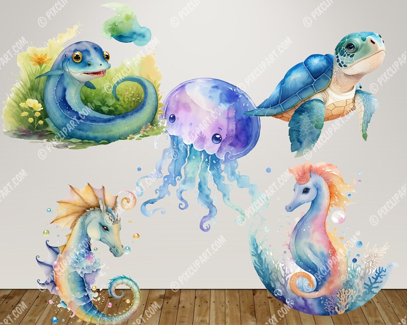 32 Watercolor Sea Creatures Clipart Kids Decor Bundle - Etsy