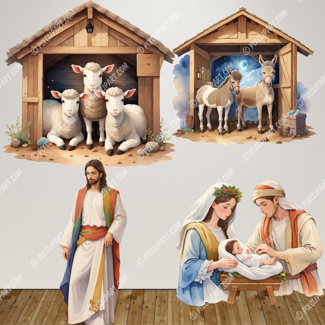 Watercolor Nativity Scene Clipart 24 PNG Christmas Nativity Set, Baby ...
