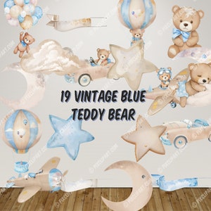 19 Vintage Blue Teddy Bear Clipart Set Watercolor Baby Shower, Boy's ...