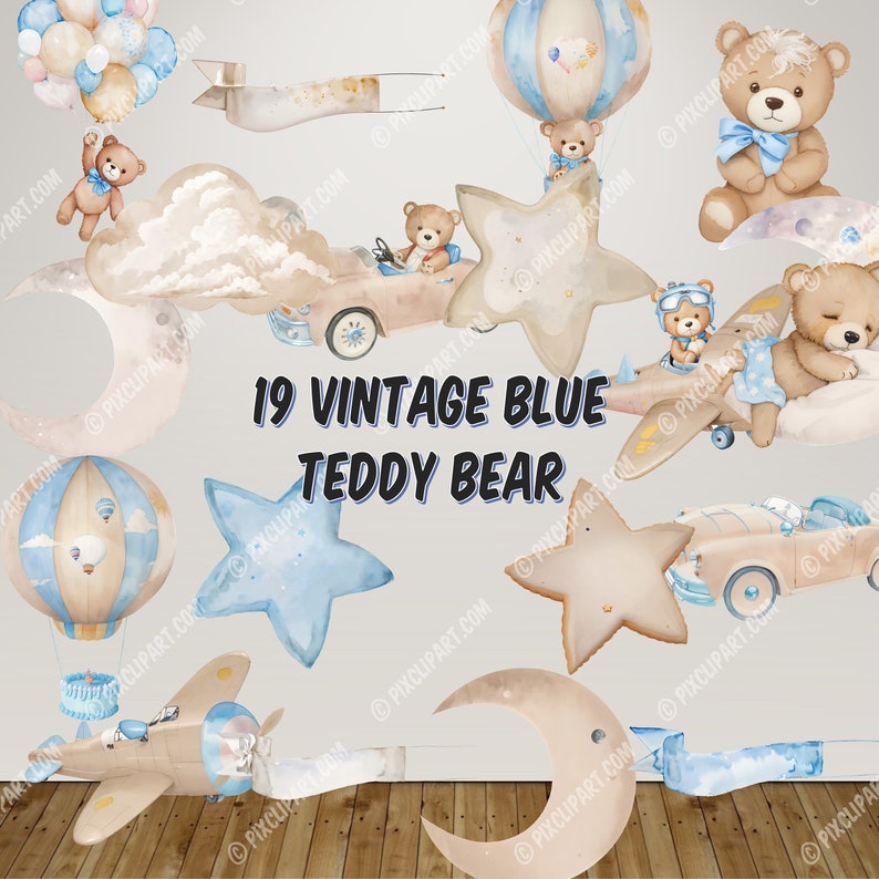 19 Vintage Blue Teddy Bear Clipart Set Watercolor Baby Shower, Boy's ...